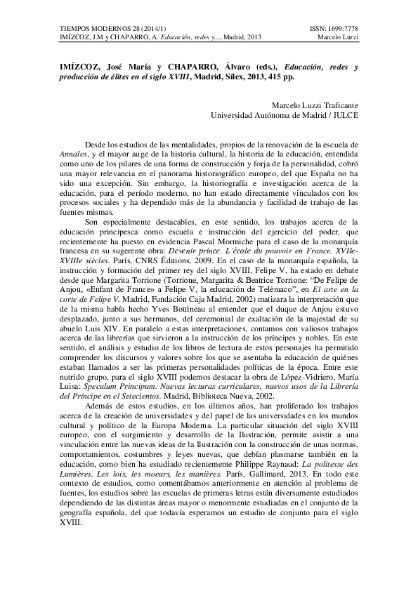 (PDF) Reseña de Marcelo Luzzi del libro: Imízcoz, José María y Chaparro ...
