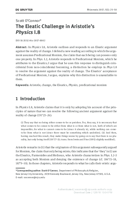 (PDF) The Eleatic Challenge in Aristotle's Physics I.8