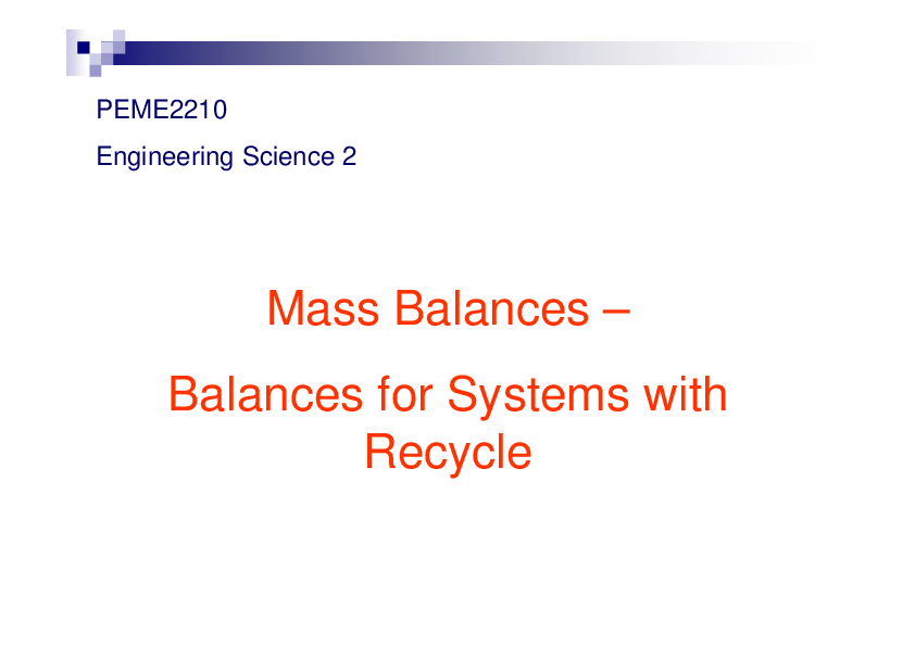 (PDF) Mass Balances - Balances for Systems with Recycle