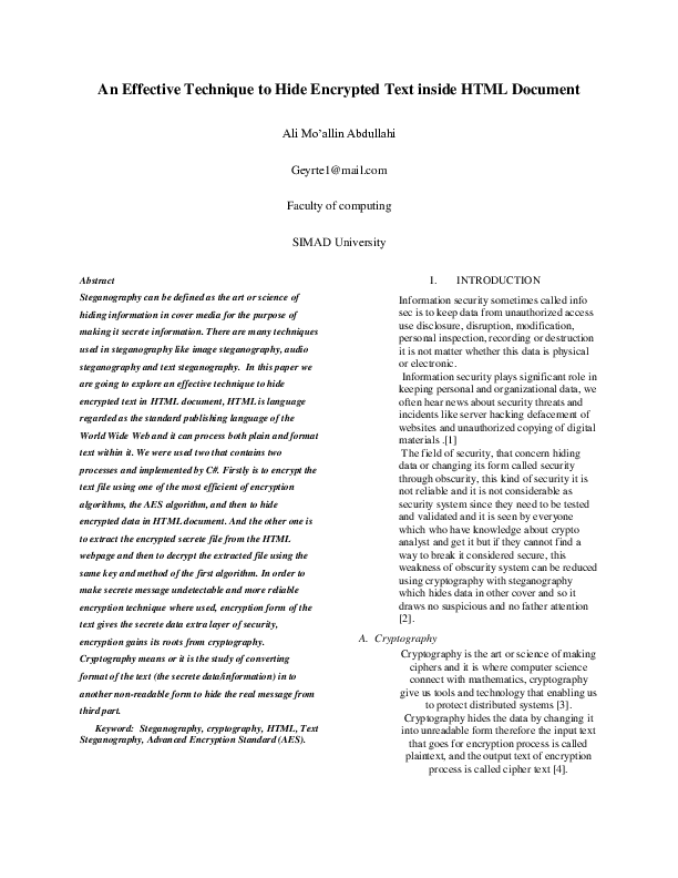 Pdf An Effective Technique To Hide Encrypted Text Inside Html Document