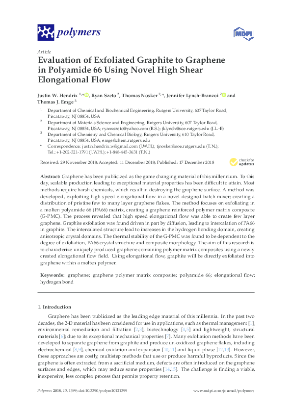 (PDF) Evaluation of Exfoliated Graphite to Graphene in Polyamide 66 Using Novel High Shear ...