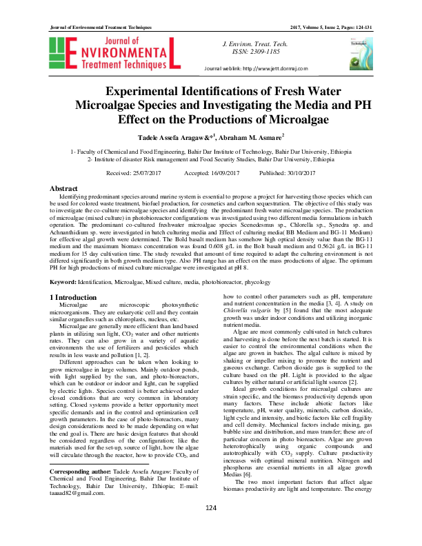 (PDF) Experimental Identifications of Fresh Water Microalgae Species and Investigating the Media ...