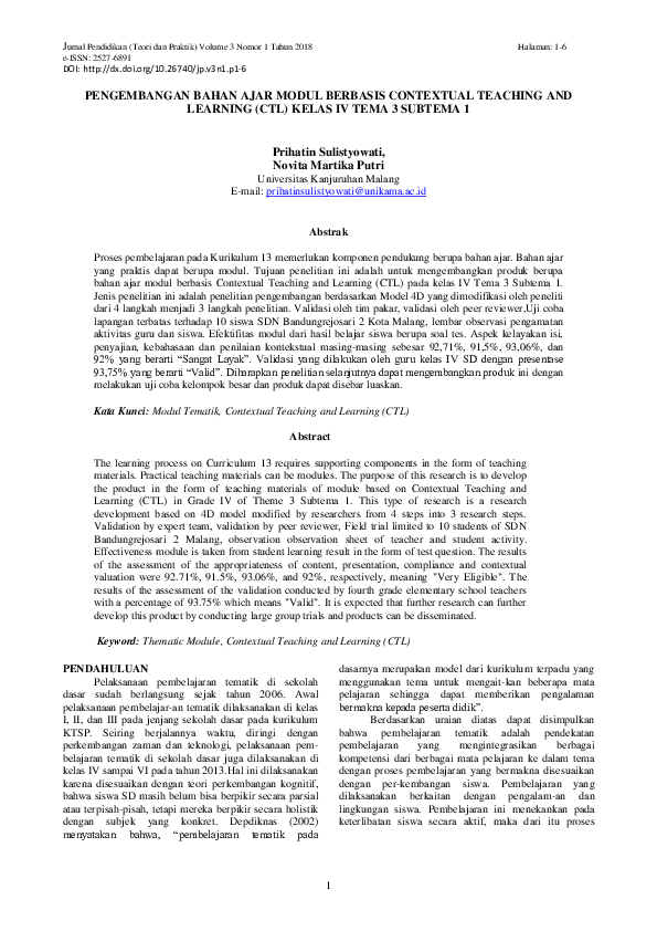 (PDF) PENGEMBANGAN BAHAN AJAR MODUL BERBASIS CONTEXTUAL TEACHING AND LEARNING (CTL) KELAS IV ...