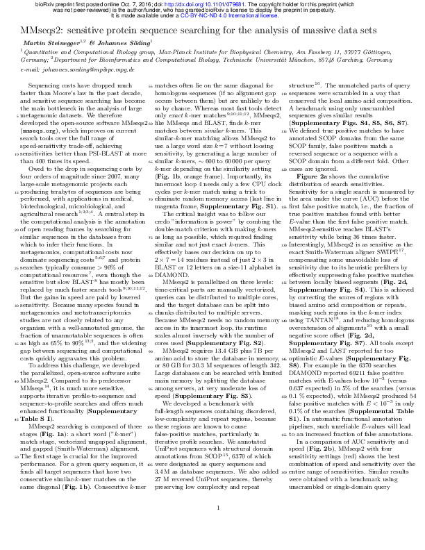(PDF) MMseqs2 enables sensitive protein sequence searching for the analysis of massive data sets