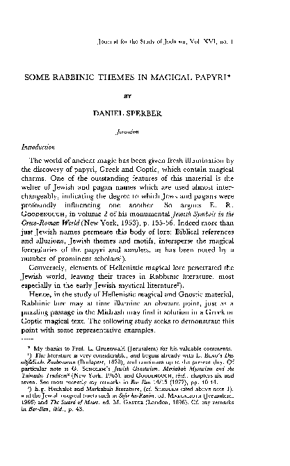 (PDF) Daniel Sperber, “Some Rabbinic Themes in Magical Papyri,” Journal ...