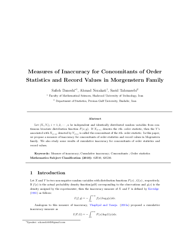 Pdf Measures Of Inaccuracy For Concomitants Of Order Statistics And Record Values In