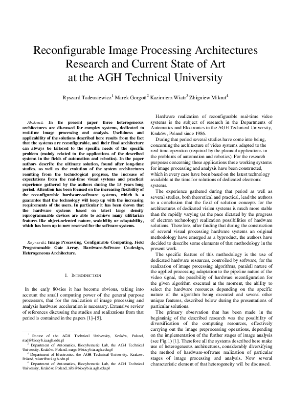 (PDF) Reconfigurable Image Processing Architectures - Research and Current State of Art at the ...