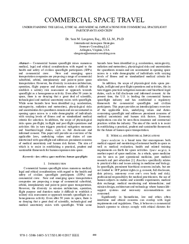 (PDF) Commercial Space Travel: Understanding the Legal, Ethical and ...