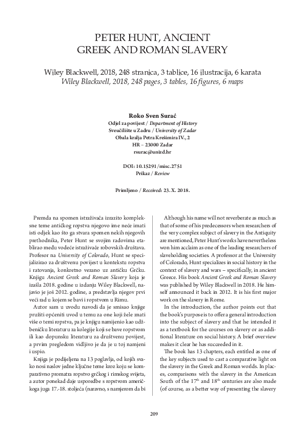 (PDF) Peter Hunt, Ancient Greek and Roman Slavery