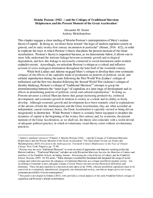 (PDF) Moishe Postone and the Critique of Traditional Marxism ...