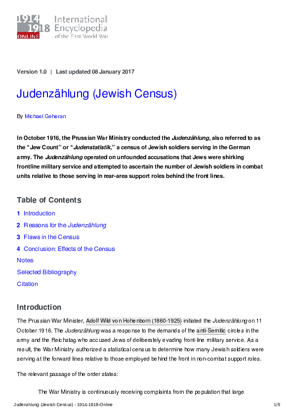 (PDF) "Judenzählung," in: 1914-1918-online. International Encyclopedia ...