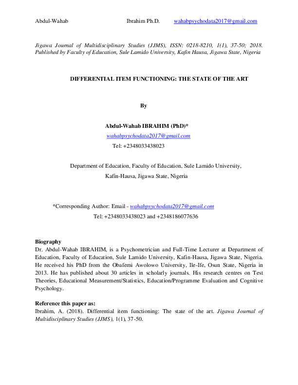 Pdf Differential Item Functioning The State Of The Art 