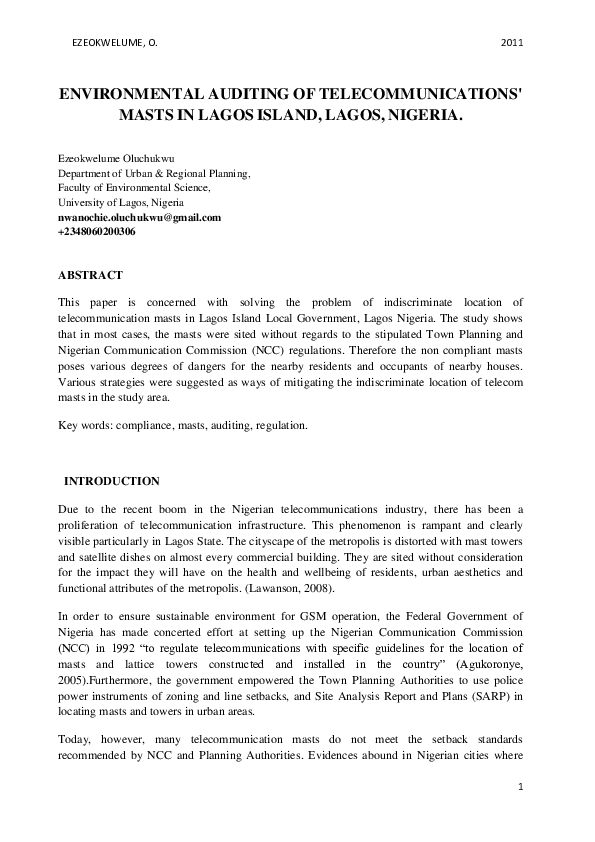 (PDF) ENVIRONMENTAL AUDITING OF TELECOMMUNICATIONS' MASTS IN LAGOS ...