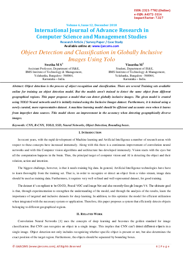 (PDF) Object Detection and Classification in Globally Inclusive Images Using Yolo