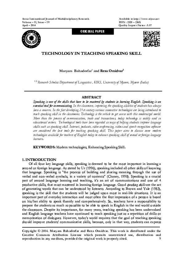 Pdf Technology In Teaching Speaking Skill