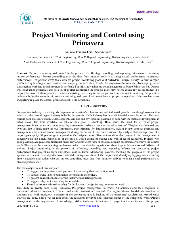 (PDF) Project Monitoring and Control using Primavera