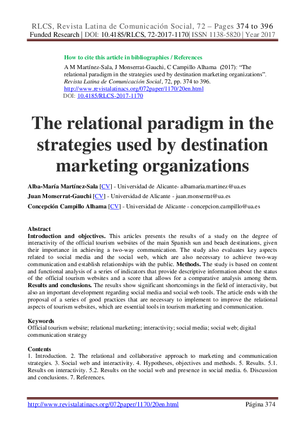 (PDF) The relational paradigm in the strategies used by destination ...