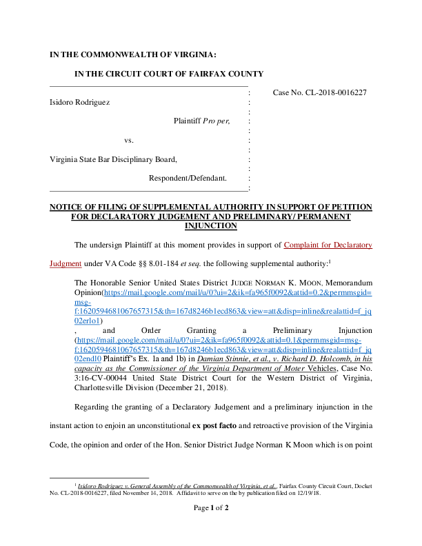 (DOC) SUPPORT OF PETITION FOR DECLARATORY JUDGEMENT AND PRELIMINARY/ PERMANENT INJUNCTION