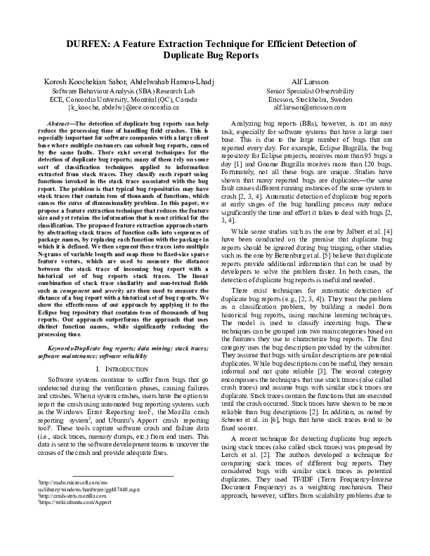 (PDF) DURFEX: A Feature Extraction Technique for Efficient Detection of Duplicate Bug Reports