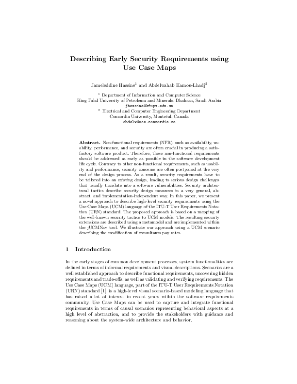 (PDF) Describing Early Security Requirements using Use Case Maps