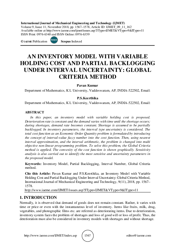 Pdf An Inventory Model With Variable Holding Cost And Partial Backlogging Under Interval