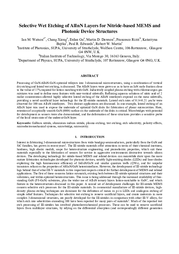 (PDF) Selective wet etching of AlInN layers for nitride-based MEMS and photonic device structures