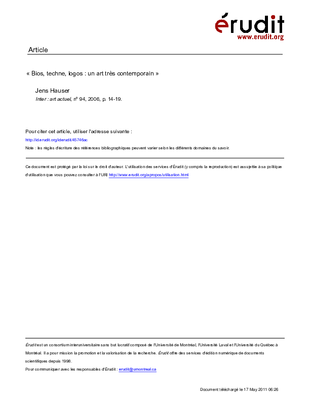 (PDF) Bios, techne, logos : Un art très contemporain