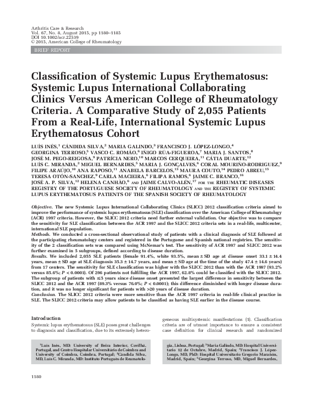 Pdf Classification Of Systemic Lupus Erythematosus Systemic Lupus