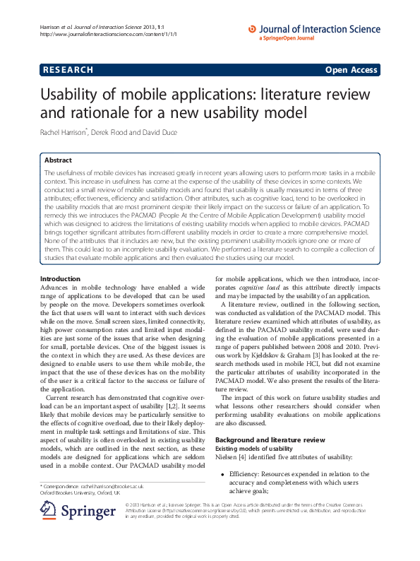 (PDF) Usability of mobile applications: literature review and rationale for a new usability model