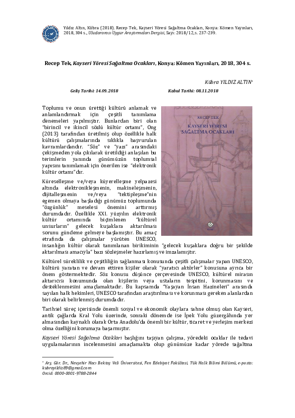 (PDF) Recep TEK, Kayseri Yöresi Sağaltma Ocakları, Konya: Kömen Yayınları, 2018, 304 s.