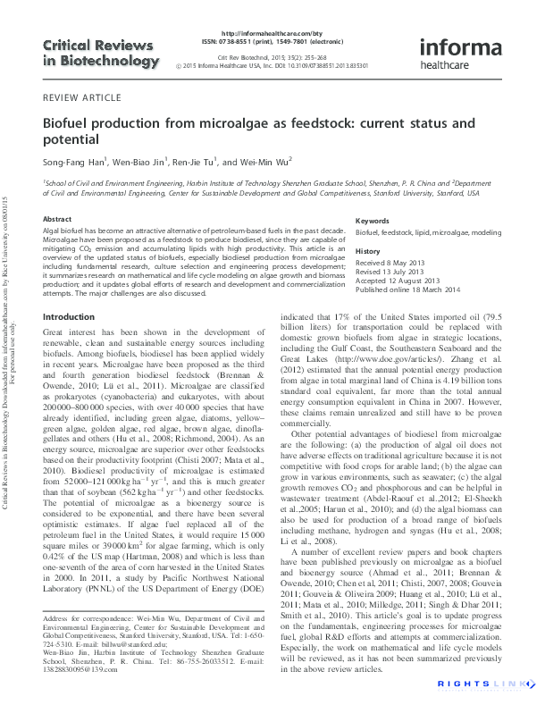 (PDF) Biofuel production from microalgae as feedstock: current status and potential