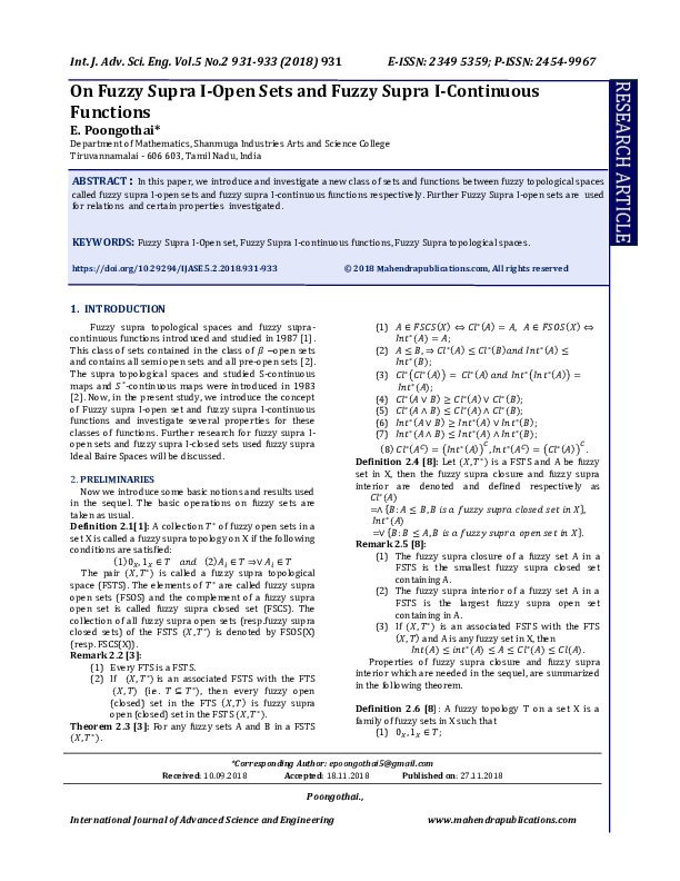 (PDF) On Fuzzy Supra I-Open Sets and Fuzzy Supra I-Continuous Functions