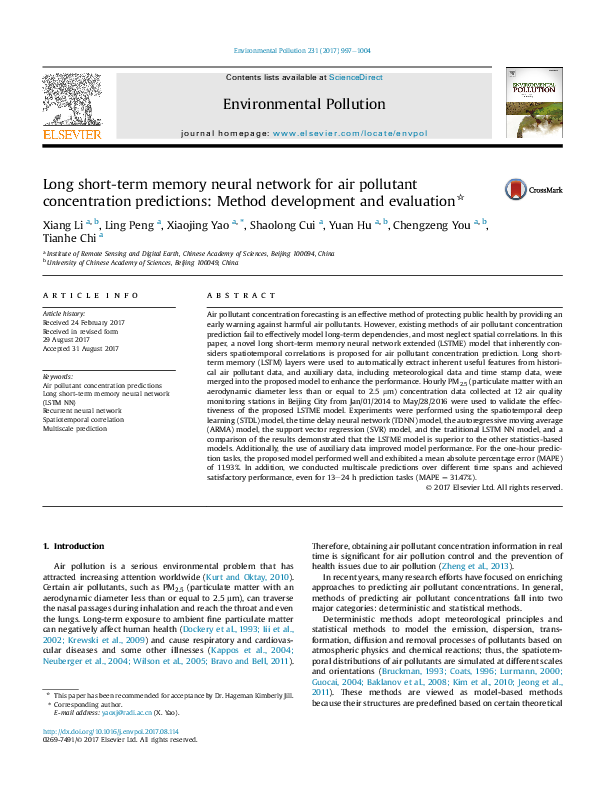(PDF) Long short-term memory neural network for air pollutant concentration predictions: Method ...