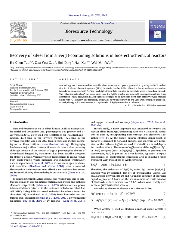 (PDF) Recovery of silver from silver(I)-containing solutions in ...
