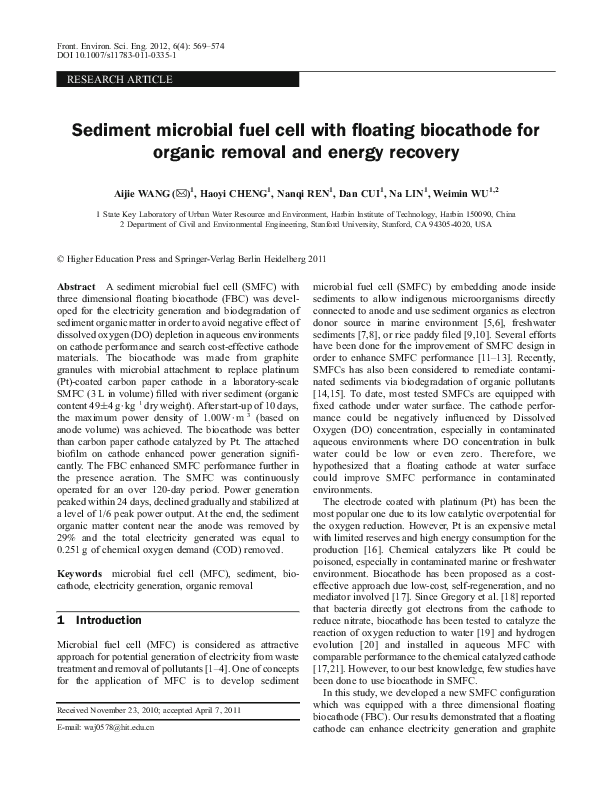 (PDF) Sediment microbial fuel cell with floating biocathode for organic ...