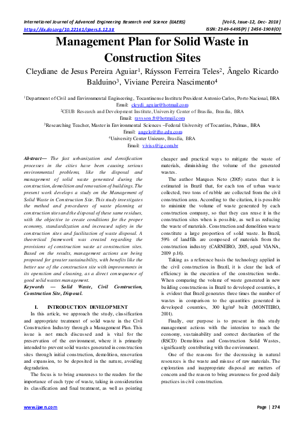 (PDF) Management Plan for Solid Waste in Construction Sites