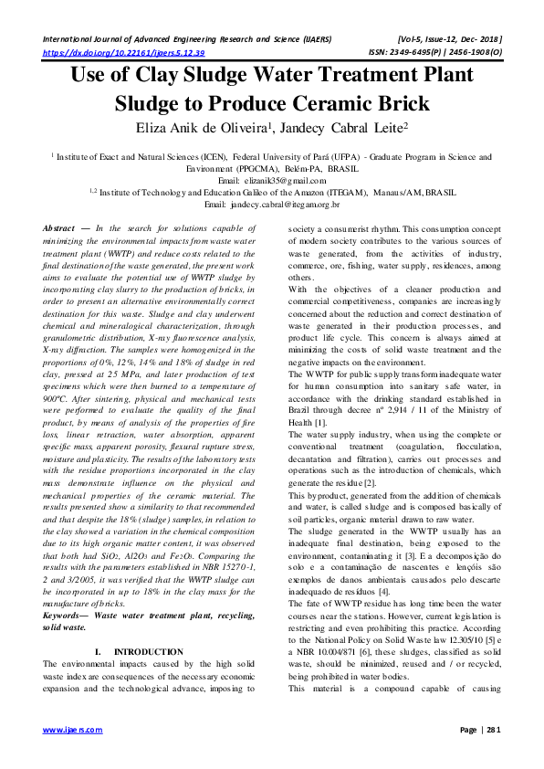 (PDF) Use of Clay Sludge Water Treatment Plant Sludge to Produce ...