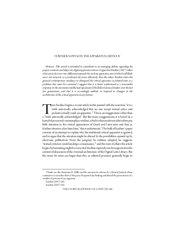 (PDF) Further Notes On The Apparatus Criticus