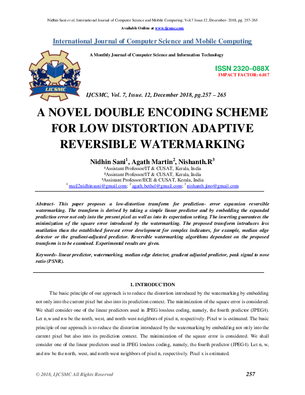 (PDF) A NOVEL DOUBLE ENCODING SCHEME FOR LOW DISTORTION ADAPTIVE REVERSIBLE WATERMARKING﻿