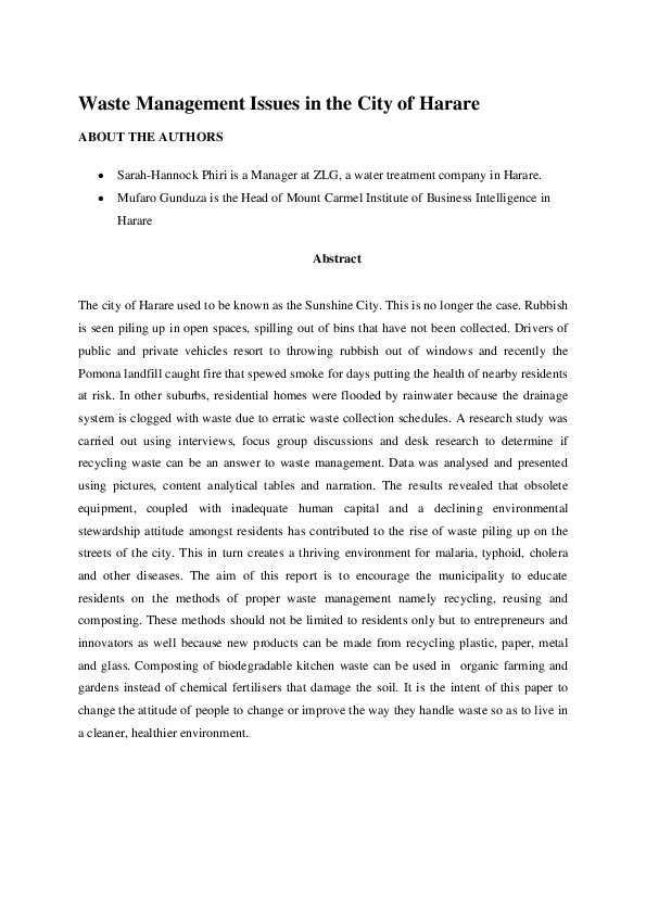 (DOC) Waste Management Issues in the City of Harare Introduction and ...