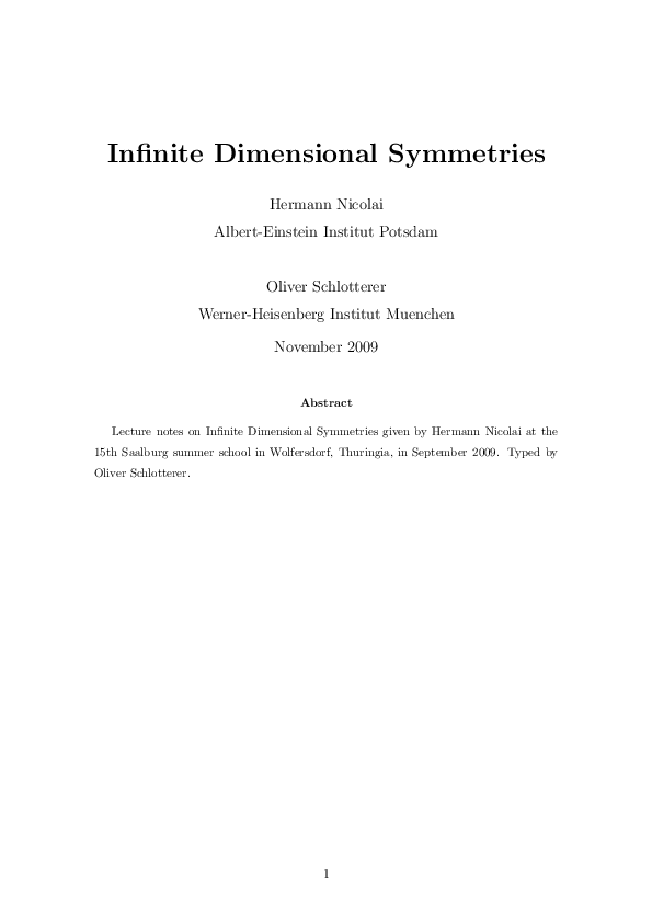 Pdf Infinite Dimensional Symmetries Notes By Hermann Nicolai And