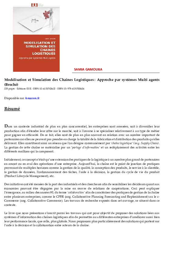 (PDF) Modélisation et Simulation des Chaînes Logistiques : Approche par Systèmes Multi agents
