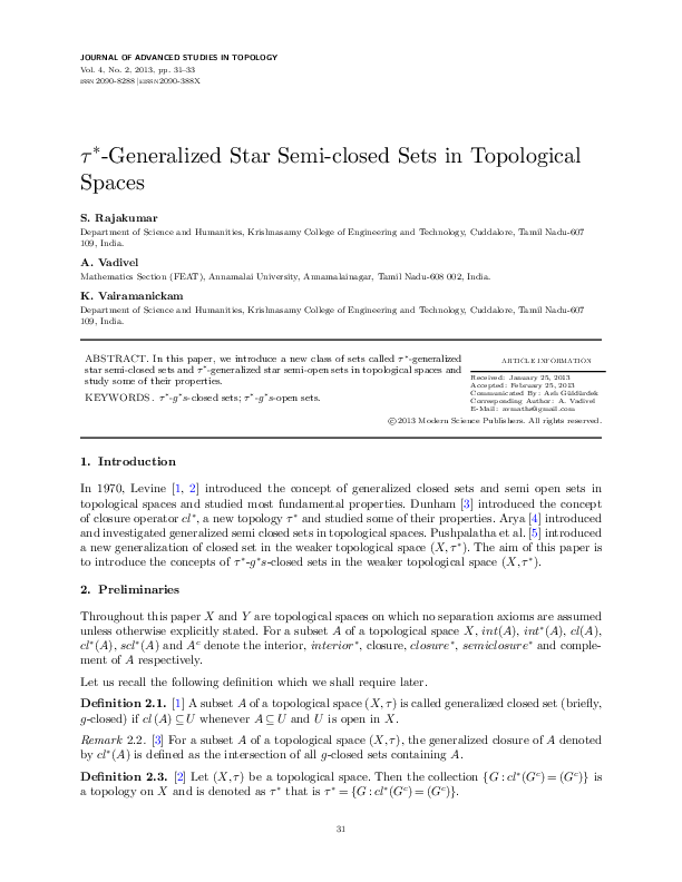 (PDF) τ*-Generalized Star Semi-closed and Semi-open Sets