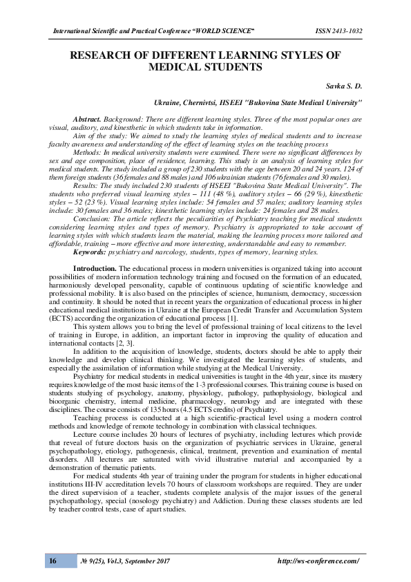 (PDF) RESEARCH OF DIFFERENT LEARNING STYLES OF MEDICAL STUDENTS