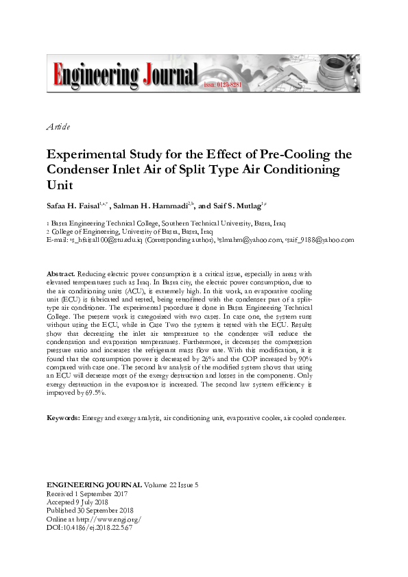 (PDF) Experimental Study for the Effect of Pre-Cooling the Condenser Inlet Air of Split Type Air ...