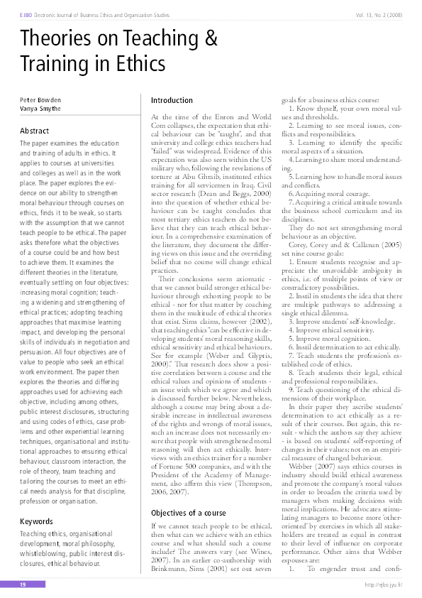 (PDF) Theories on Teaching & Training in Ethics | Peter Bowden ...
