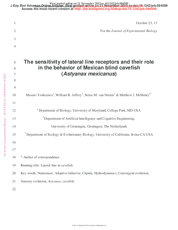 (PDF) The sensitivity of lateral line receptors and their role in the ...