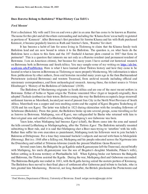 (PDF) Does Ruretse belong to the Tlokwa? What History tells us