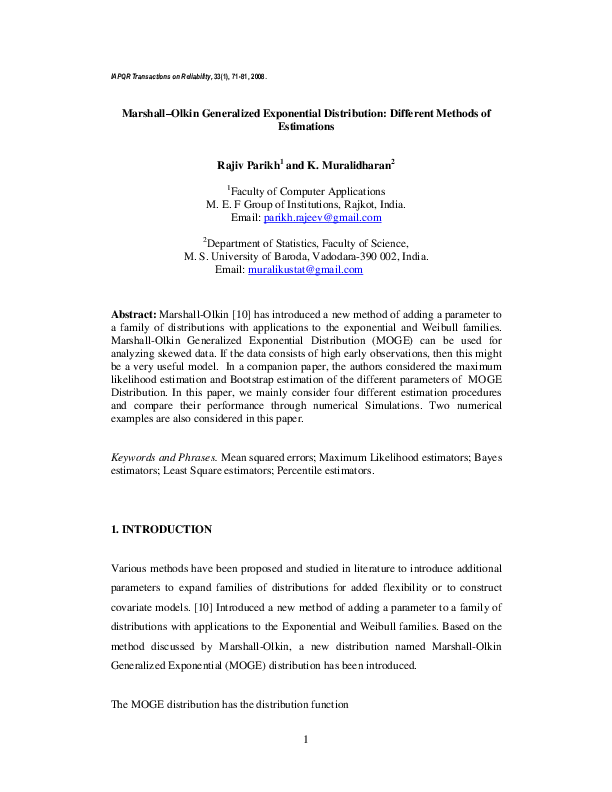 Pdf Marshall Olkin Generalized Exponential Distribution Different Methods Of Estimations