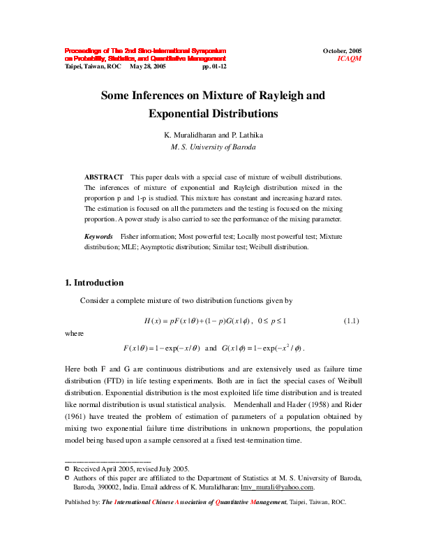 (PDF) Some Inferences on Mixture of Rayleigh and Exponential Distributions